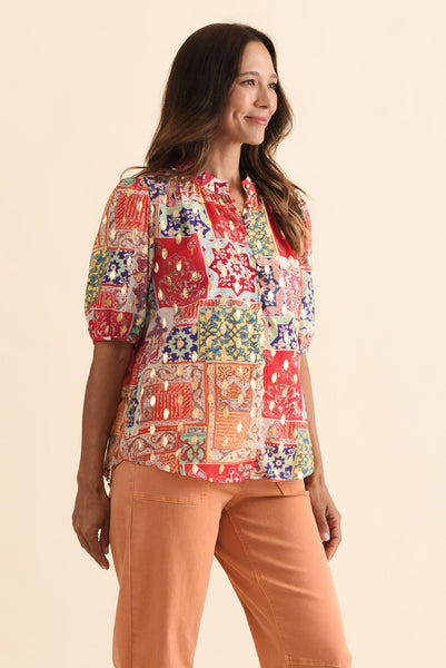 Alexandra Pink Patchwork Button Top - Blue Bungalow USA