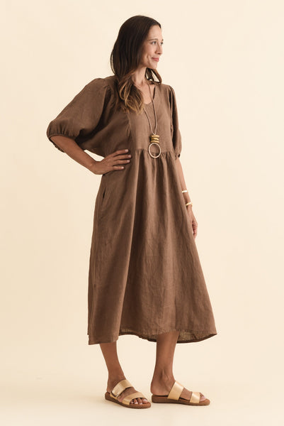 Claudine Chocolate Linen Pocket Dress - Blue Bungalow USA