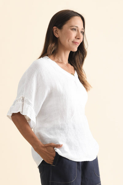 Corina White Linen V Neck Top - Blue Bungalow USA