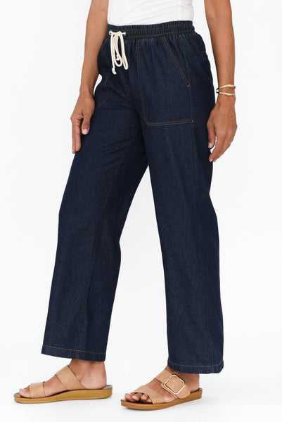 Drakey Dark Blue Denim Drawstring Pants - Blue Bungalow USA