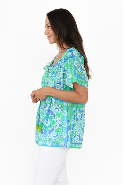 Gabe Blue Abstract Cotton Tassel Top - Blue Bungalow USA