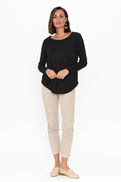 Megan Black Cotton Long Sleeve Top - Blue Bungalow USA