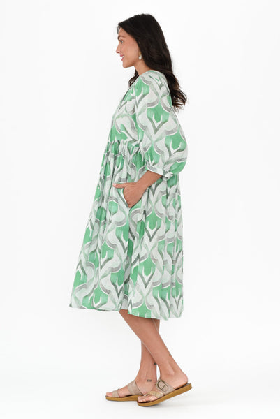 Noelle Green Geo Cotton Pocket Dress - Blue Bungalow USA