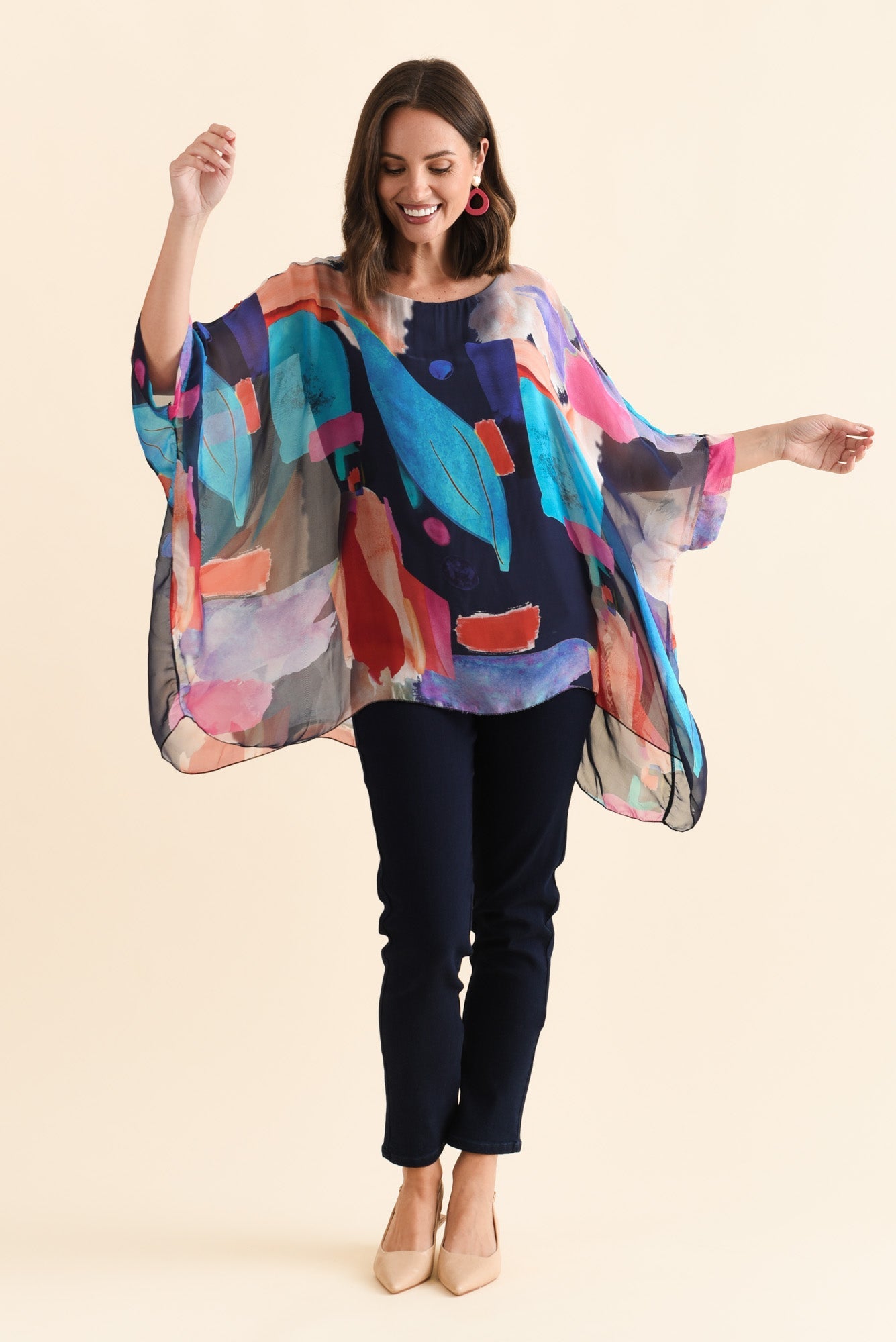 Paxos Navy Abstract Silk Overlay Top - Blue Bungalow USA