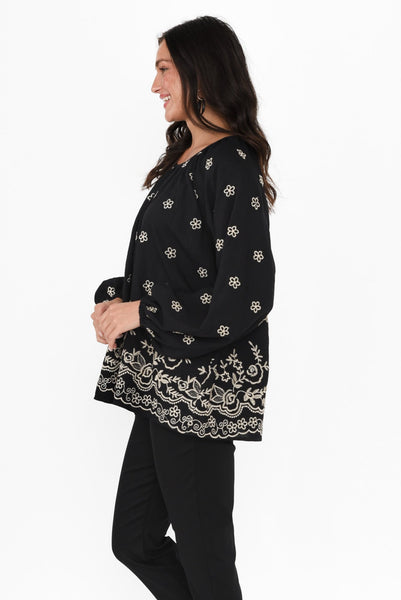 Preston Black Geo Puff Sleeve Top - Blue Bungalow USA