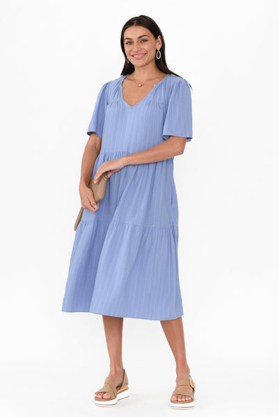 Regina Blue Linen Blend Tier Dress - Blue Bungalow USA