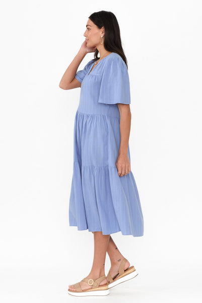 Regina Blue Linen Blend Tier Dress - Blue Bungalow USA