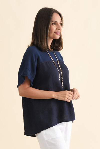 Remo Navy Linen Frayed Top - Blue Bungalow USA