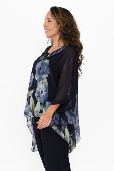 Saige Navy Floral Silk Overlay Top - Blue Bungalow USA