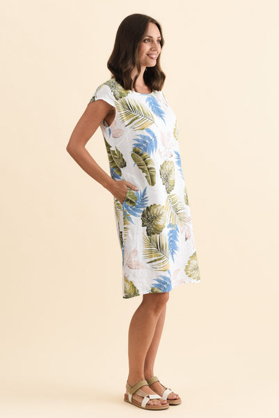 Tina White Palm Linen Pocket Dress - Blue Bungalow USA