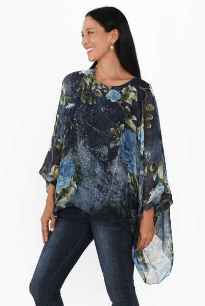 Trevino Navy Garden Silk Overlay Top - Blue Bungalow USA